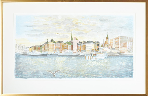 CLAES FOLCKER. "Stadsbild Stockholm, Stockholmsslott", Färglitografi ...