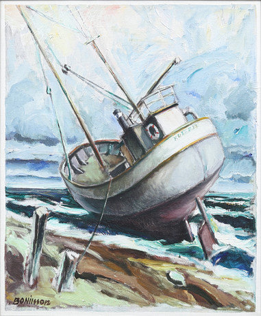 BO NILSSON. Korotettu kalastusvene, öljy kankaalle, signeerattu. Taide ...