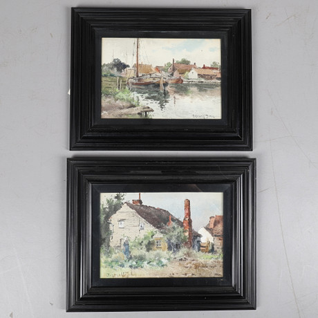 REGINALD JONES RBA (1857-1920). RIVER SCENE WITH BARGES, AND FIGURE IN ...