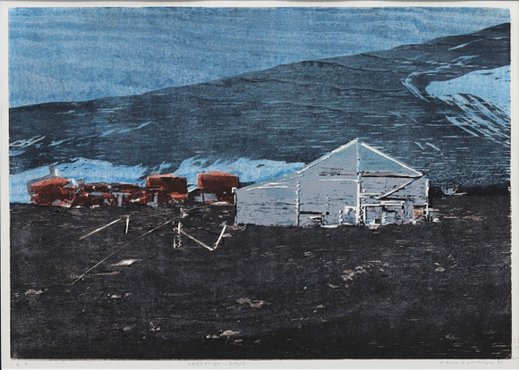 LARS LERIN. "Deception island" colored woodcut no PT, signed and dated ...