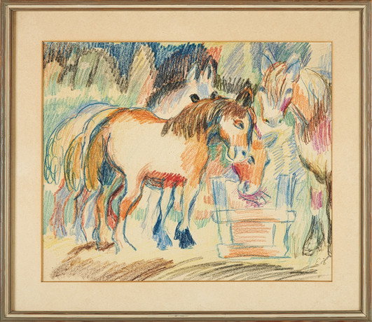 ESTER HENNING (1887-1985). Motiv med hästar, pastell, signerad E.H ...
