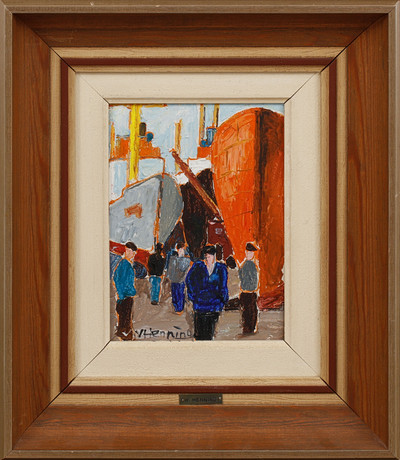 WILHELM HENNING. Göteborgs hamn, olja på pannå, signerad. Konst ...