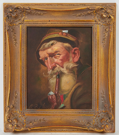 Okänd konstnär, måleri, porträtt av en bonde som håller en pipa. Konst ...