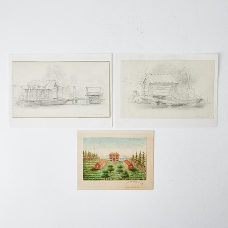 JOSEF WILHELM WALLANDER (1821-1888). Drawings, 3 pcs., pencil and ...