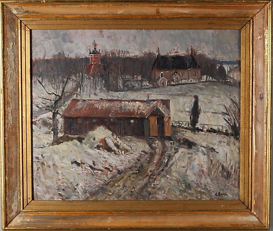 ALEXANDER ROOS. Landskap med hus, olja på pannå, signerad. Konst ...