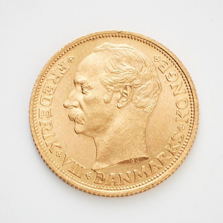 MYNT, 21,6 k guld, 20 kroner, 1908, Frederik VIII, Danmarks konung ...