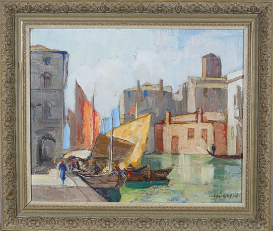 KNUT NORMAN. Oil on Board, city view with canal, signed. Art ...