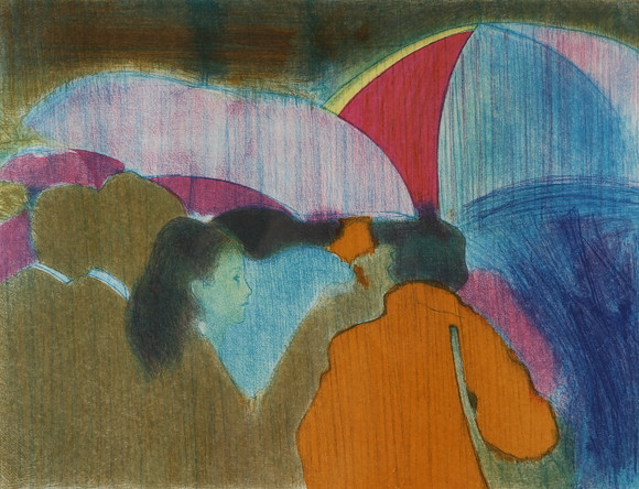 EGIL DROGSETH. Figures with umbrellas, color lithograph signed and ...