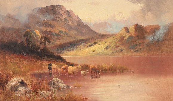 SAMUEL JOHNSON. Mountain landscape with cows, oil on Board, signed S ...