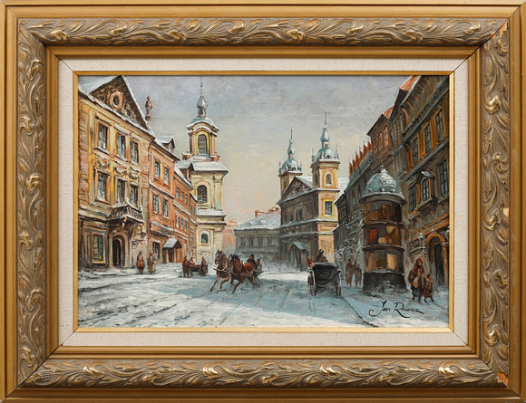 JAN RAWICZ. hästekipage i stadsmiljö, olja på duk, signerad. Konst ...