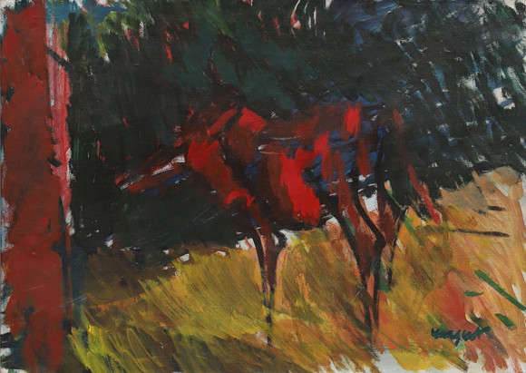 OLLE LANGERT. Röd häst, olja på duk, signerad. Konst - Måleri - Auctionet