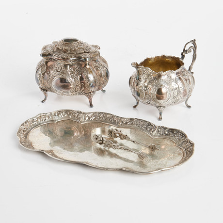 SOCKERSKÅL, GRÄDDKANNA, BRICKA, GEWE, Silver, vikt 570 gram. Silver ...