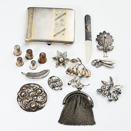 A Collection silver, Fingerborg 5 pcs, brooches 7 pcs, letter knife 1 ...