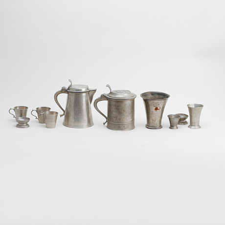 PEWTER OBJECTS, 10 pcs., i.a. jugs, cups and salt shakers, 19th century ...