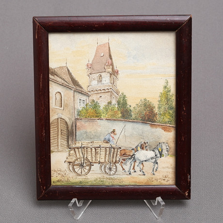 LUDWIG HOFBAUER. Stadsmiljö med hästar, akvarell, signerad. Konst ...