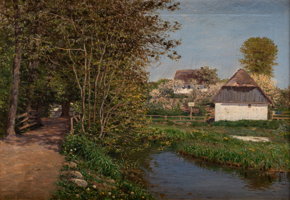AKSEL FREDERIKSEN (1881-1961). Vårlandskap med bondgårdar. Konst ...