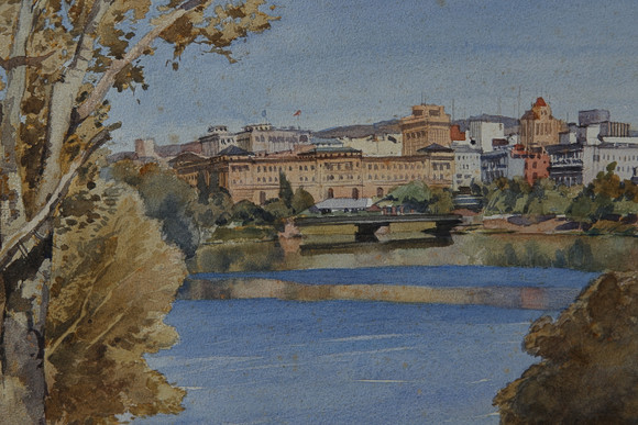 JOHN C. GOODCHILD. Vy över staden, akvarell, signerad, 1900-tal. Konst ...