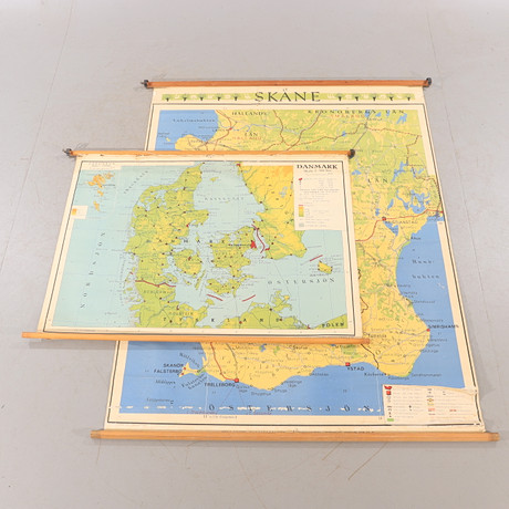 SCHOOL MAPS, 2 pieces, Skåne & Denmark, 1950s. Books, Maps ...