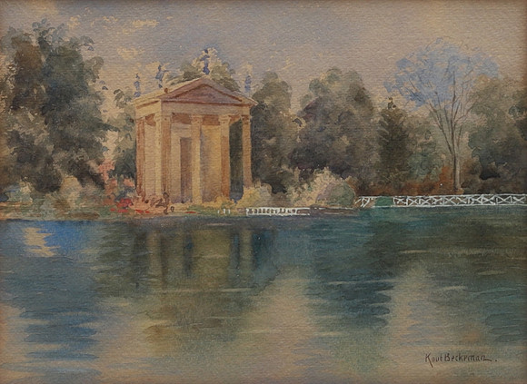 KNUT BECKEMAN (1851-1943). Byggnad vid vatten, akvarell, signerad ...