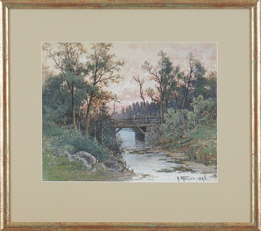 HERMAN MÜLLER (1840-1919). Bro i kvällssol, akvarell, signerad samt ...