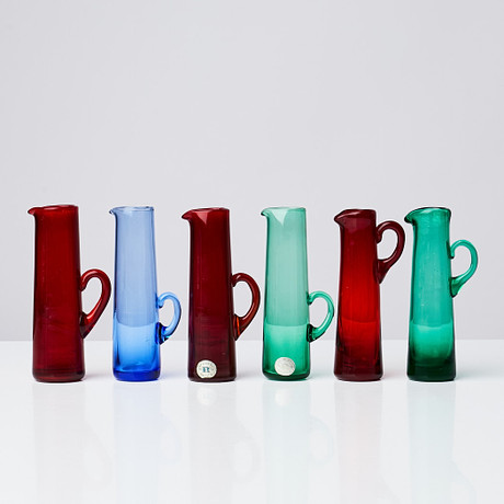 MINIATURE JACKS, 6 dlr, Reijmyre, blue, red and green glass mass ...