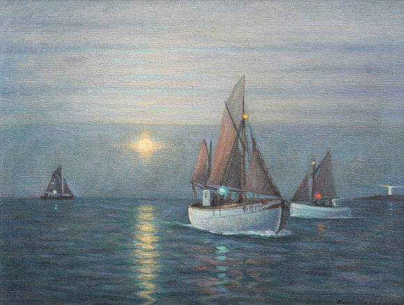 HUGO JOSEPHSSON. Fiskebåtar i månsken. Olja på duk, signerad. Konst ...