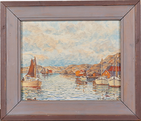 KARL GUSTAV HOLMBERG. Skärgårdsmotiv med båtar. Olja på pannå, signerad och daterad 40. Konst ...
