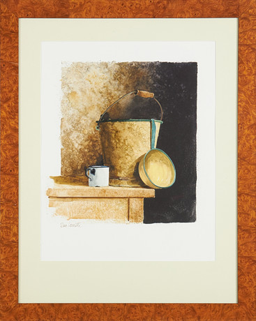 DAN LEONETTE (FÖDD 1941). Stilleben med vattenhink, färglitografi ...