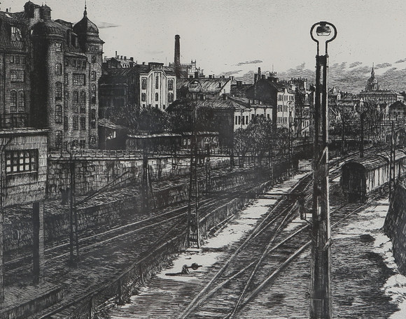 HANS LINDROTH. "Södra Ban", etching, signed, numbered 145/210 and dated ...