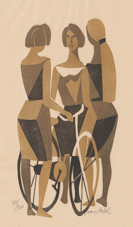 ADRIAN VAN ARKEL. Kvinnor vid cykel, färglitografi, signerad van Arkel ...