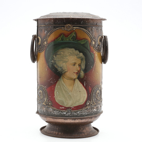 TIN CAN, lithographed tin, cylindrical with handles. Miscellaneous ...