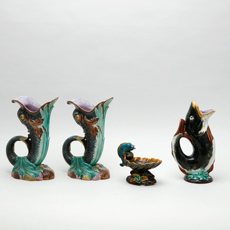 VASER, 2 st, KARAFF, SALTKAR, Majolika, flintgods, Gustavsberg, 18/1900 ...