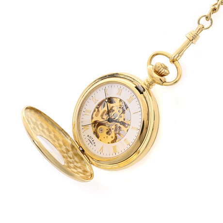A GOLD PLATED ROTARY HALF HUNTER POCKET WATCH AND CHAIN. Clocks ...