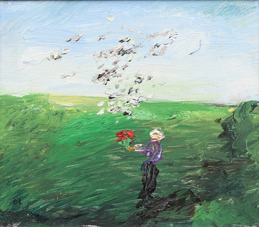 OLLE LINDGREN (FÖDD 1930). Figur i landskap, olja på pannå, signerad ...