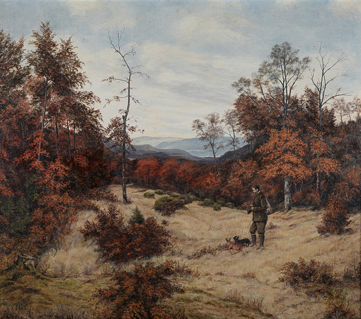 ANTON FUNKE-KÜPPER. " Hunter with dachshund and slain deer in an autumn ...