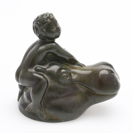 JUST ANDERSEN, naiad boy on hippopotamus, bronzed white metal, stamped ...