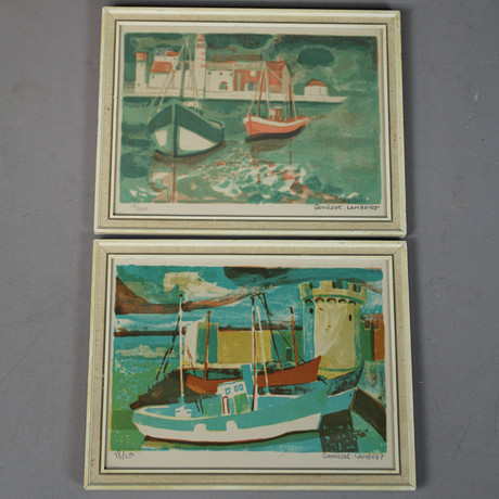 GEORGE LAMBERT. 2 pcs, color lithograph, fishing boats, signed and ...