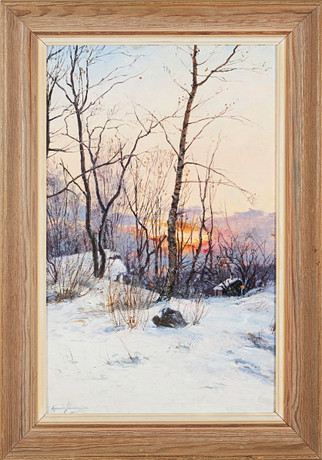 KONRAD SIMONSSON. Vinterlandskap med stuga i solnedgång, signerad, olja ...