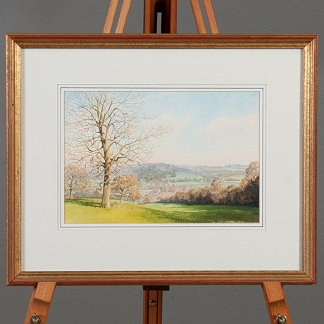 JOHN RAYMER. Akvarell, "Morning mist clearing from Titsey Hill, Surrey ...