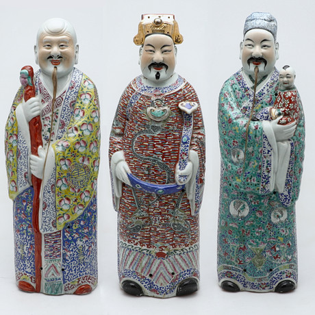 Three figures / sculptures, triumvirate (三星 –), porcelain, China (3 ...