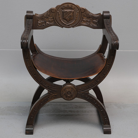 DANT CHAIR, wood, leather seat, beautifully carved, coat of arms ...