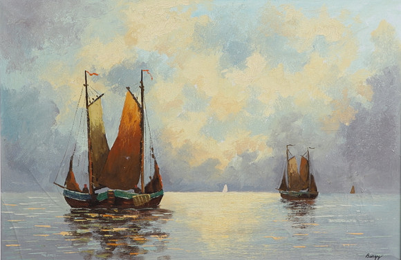 JAN BURGY. olja på duk, segelbåtar på öppet hav, signerad. Konst ...