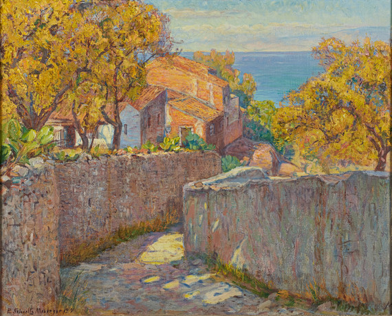 ELSA SCHULTZ MOBERGER (1879-1978): Solbelyst gränd med havsutsikt ...