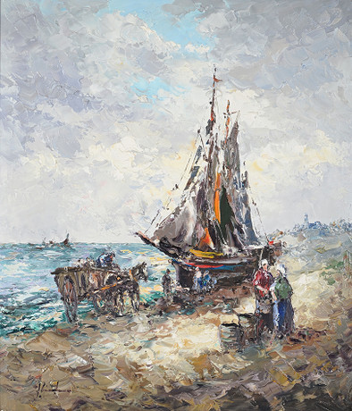 UNBEKANNTER KÜNSTLER. "Dutch Beach Scene with Sailing Boat". Oil on ...