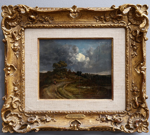 PATRICK NASMYTH (1787-1831). Landscape with cottage and figure, oil on Board, signed Patk ...
