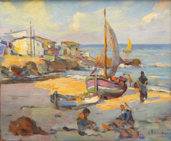 JOSEP ORIOL BAQUÉ MERCADER. COASTAL VILLAGE.SIGNED LOWER RIGHT CORNER ...