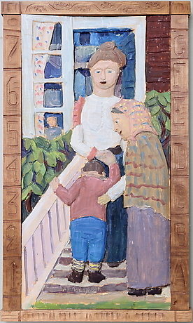 HELMER TELEMAN. Painting, Woodcut, "My first school day", Sign H ...