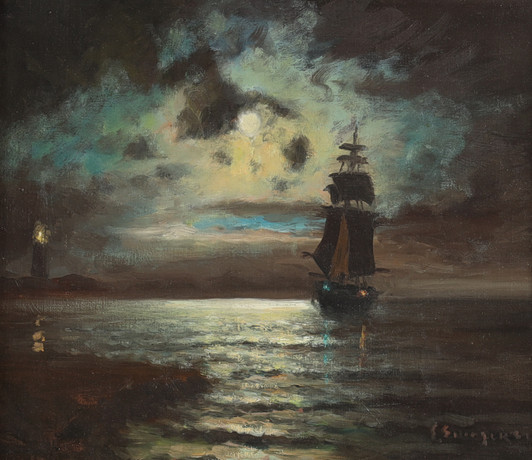 Unknown artist, ship on shore in moonlit landscape, oil on canvas. Art ...