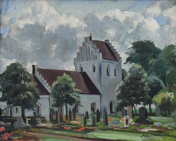 ALBERT ABBE (1889–1966). "Glumslövs kyrka", olja på duk, signerad och ...