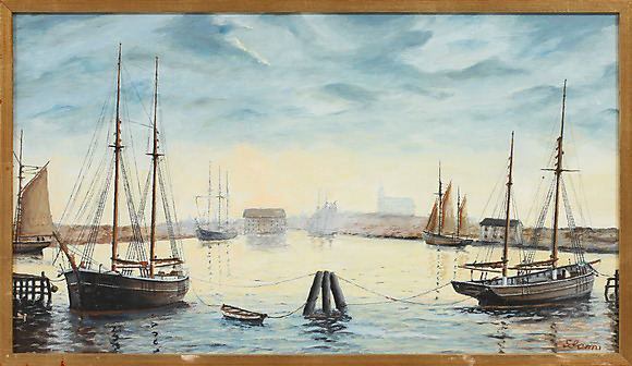 GUSTAV SAMUELSSON. Fartyg i hamnen, olja på duk, signerad. Konst ...